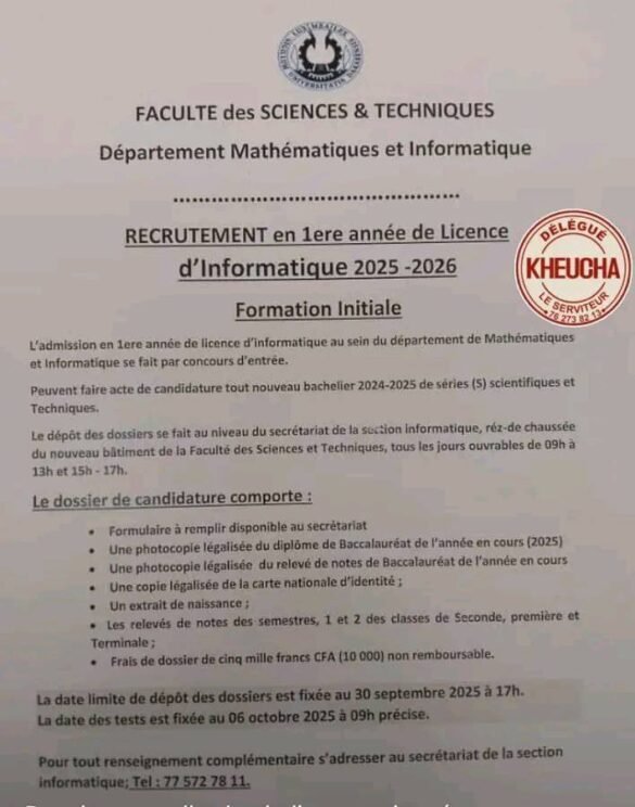 UCAD - Recrutement en Licence d’Informatique 2025-2026 - reussirbac.com